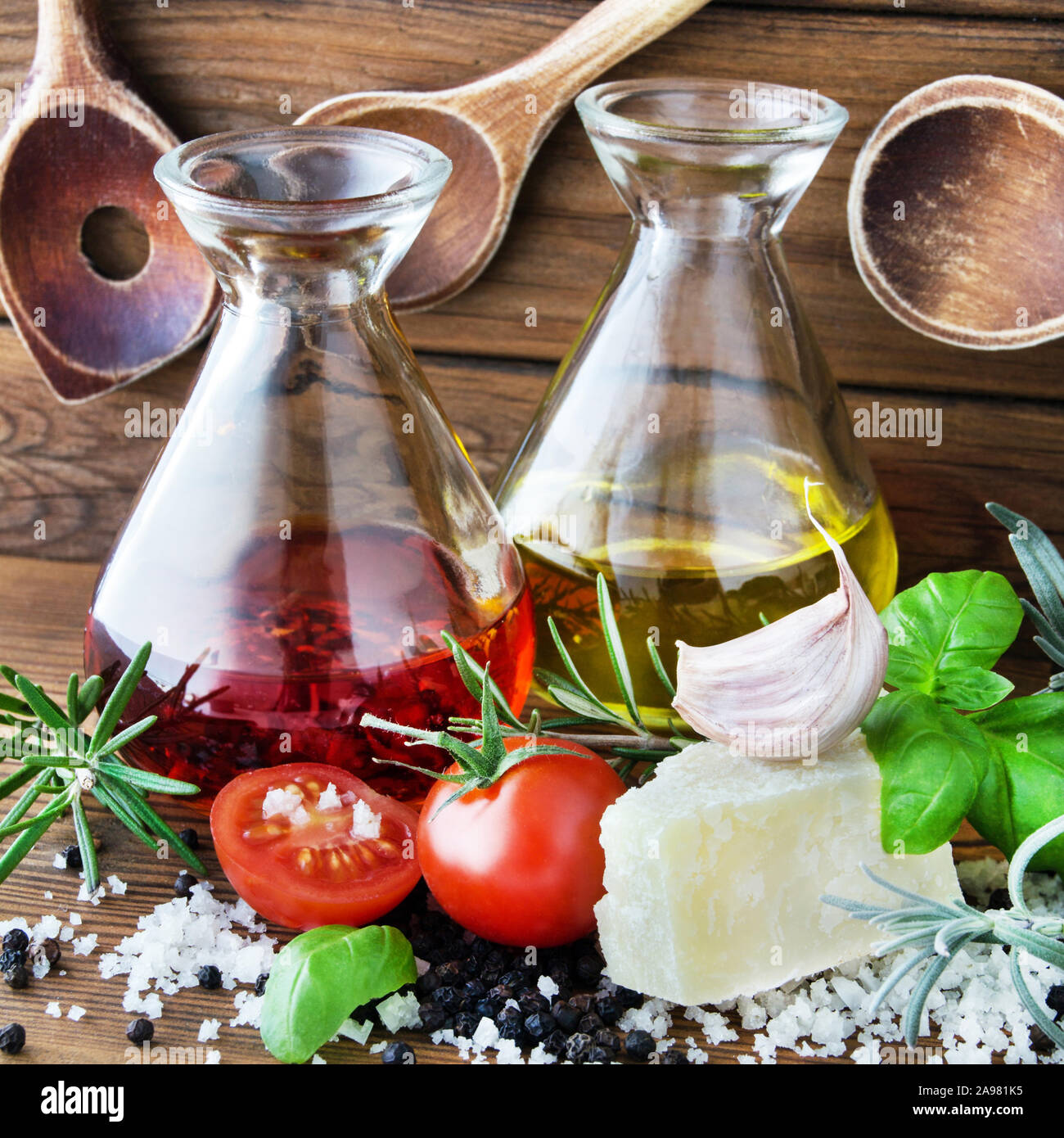 Oil and spices with salt and pepper Stock Photo - Alamy
