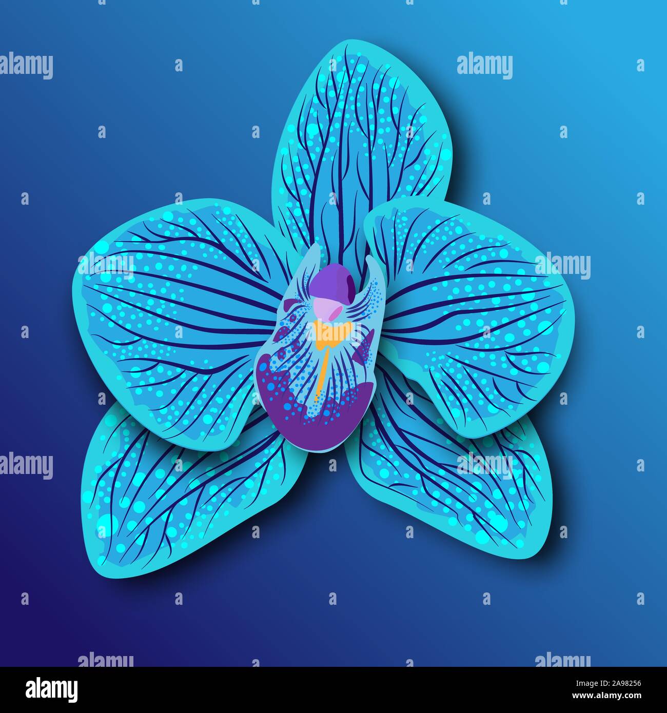 Orchid in abstract style on blue background. White blue orchid flower ...