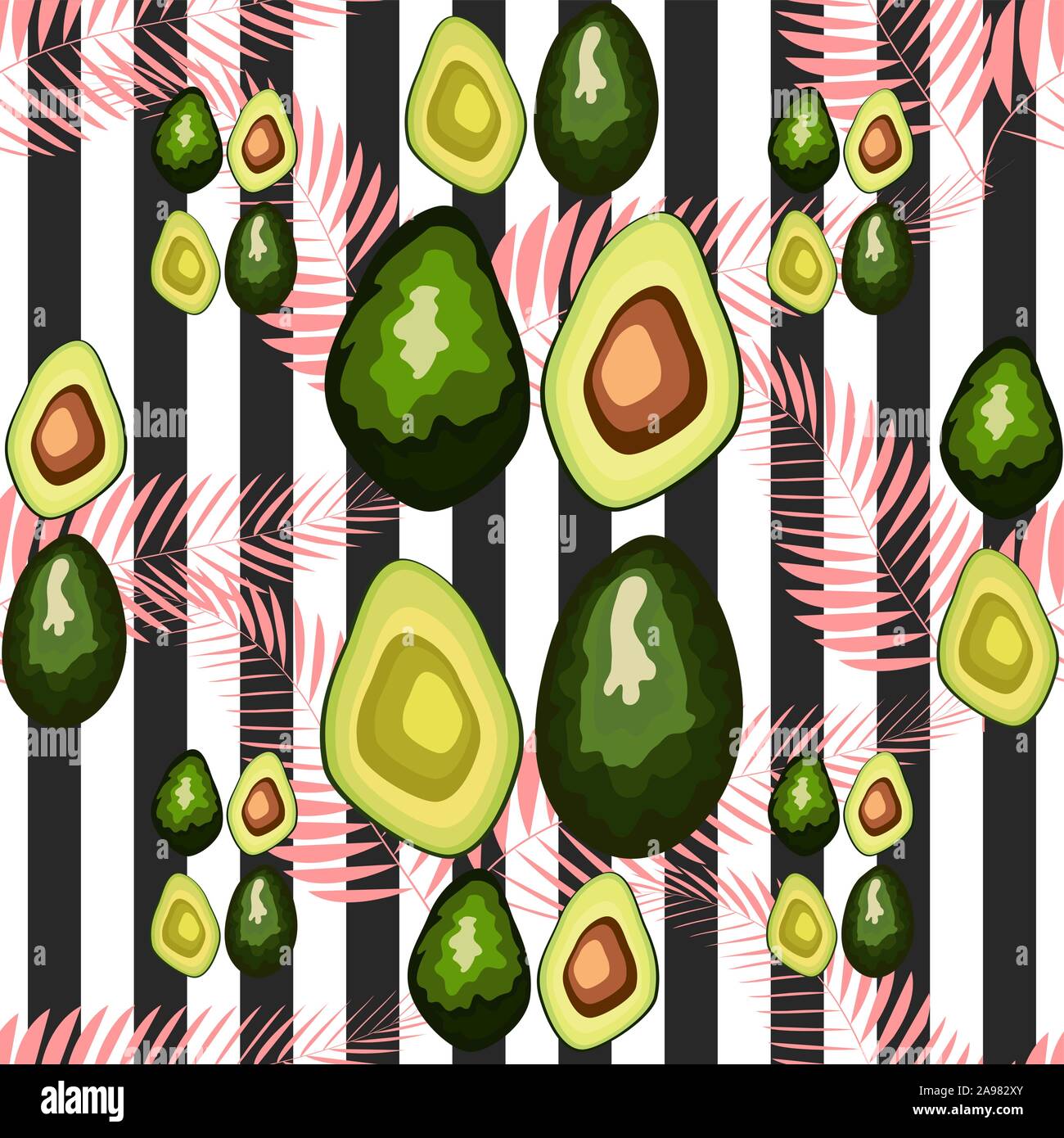 Seamless pattern of avocado fruit with on a striped background. Organic ...