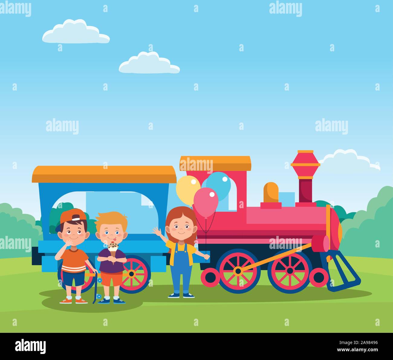 cartoon happy kids and train with wagon Stock Vector Image & Art - Alamy