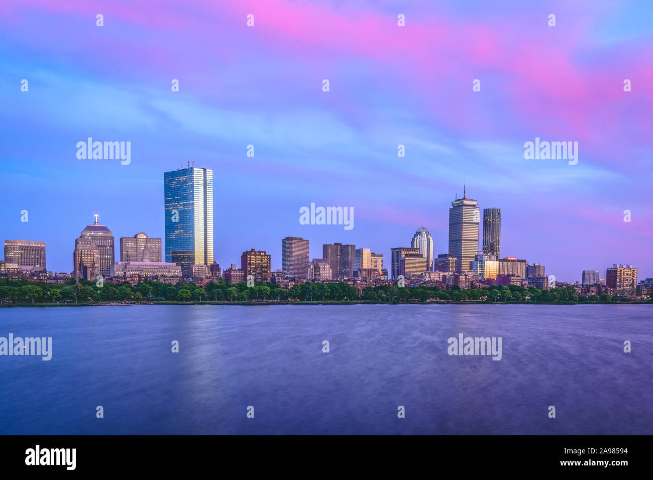 Purple sunset view of Boston Skyline by Chalres River in summer Stock ...