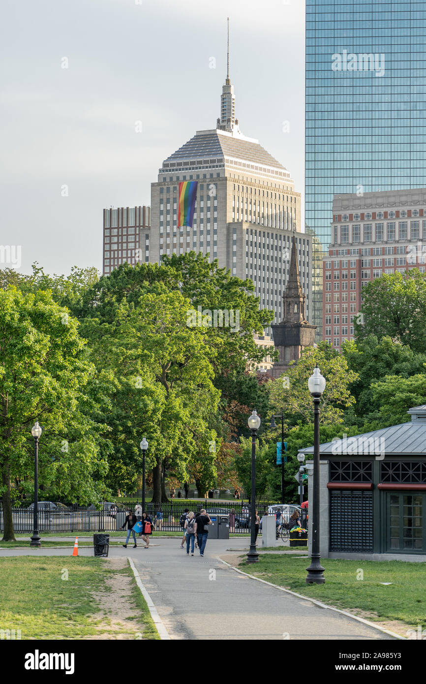 View of Boston Skyscrapers from public garden in Pride Month with ...