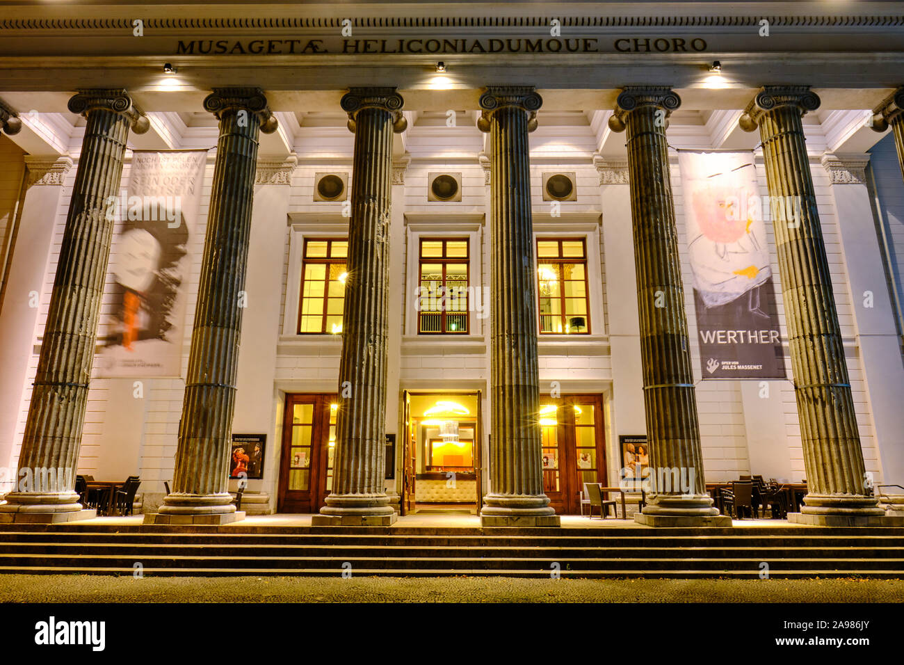 Nightshots of illuminated facade of Theater Aachen, constructed in 1825 ...