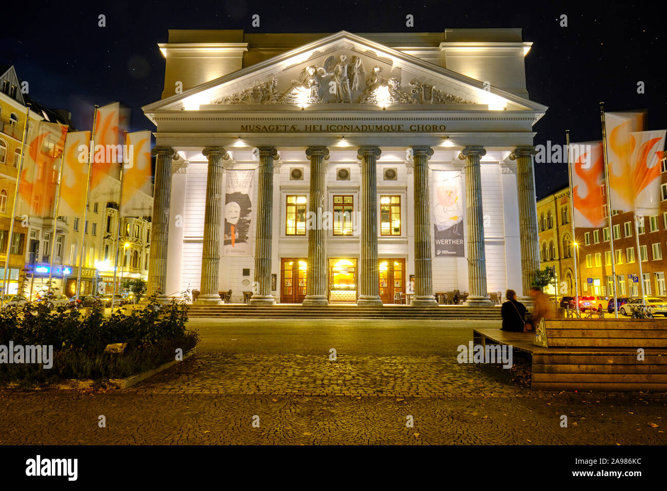 Nightshots of illuminated facade of Theater Aachen, which is the ...