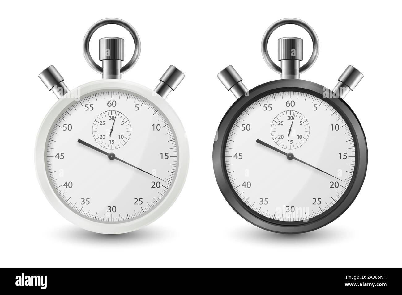 Realistic White and Black Classic Stopwatch Icon Set Closeup Isolated ...