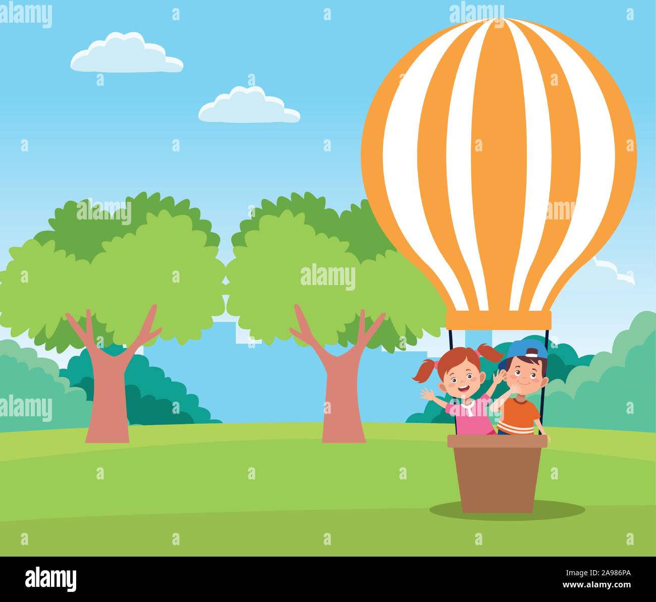 cartoon happy kids in a hot air balloon in the field Stock Vector Image ...