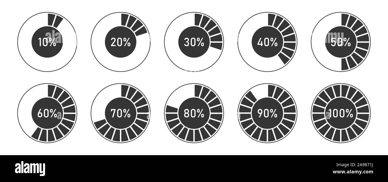 Vector indicator loading. Set of black circular progress bar icon. Vector percentage indicators ...