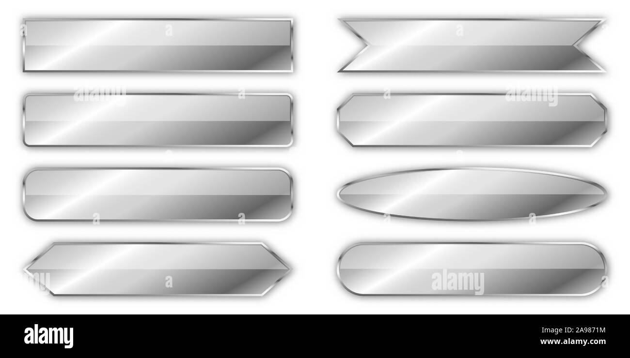 Set of silver banners isolated. Vector metal plates of different shapes ...