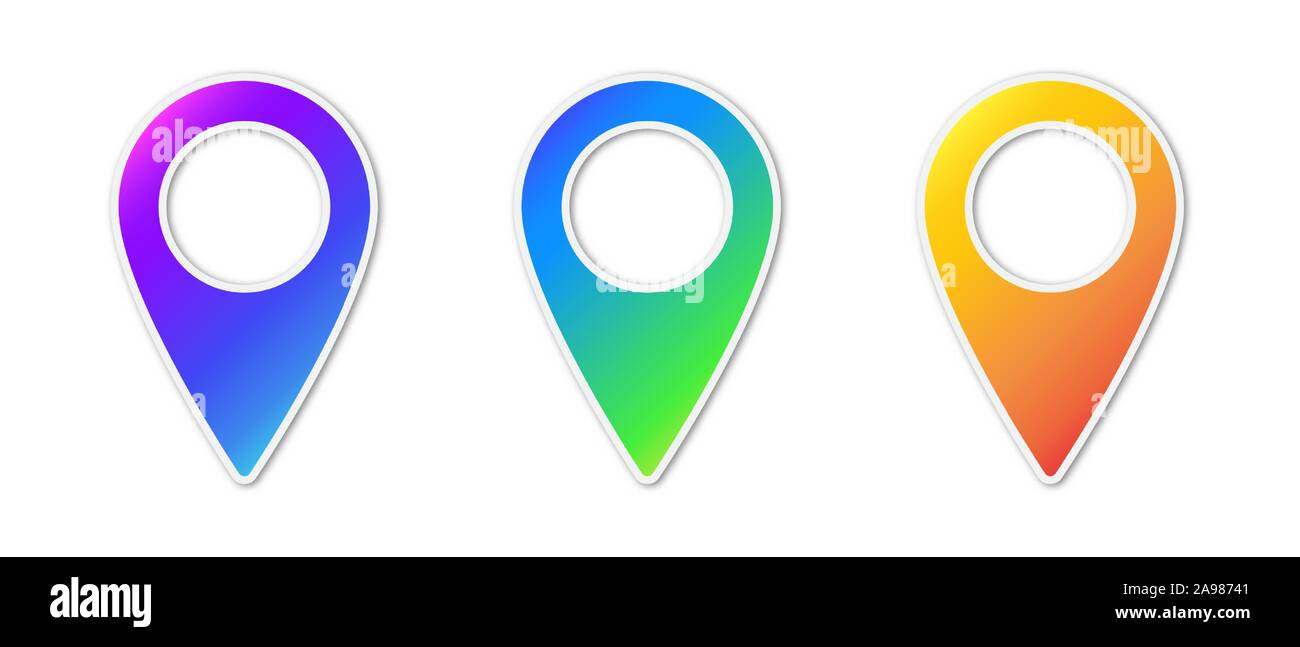 Set of vector Location pin icons. Paper stickers with shadow. Colored map pointer icons isolated ...