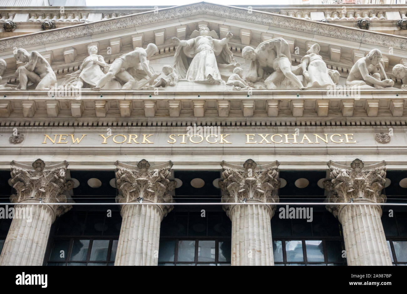 Detail and name of the New York Stock Exchange building, Wall St, New ...
