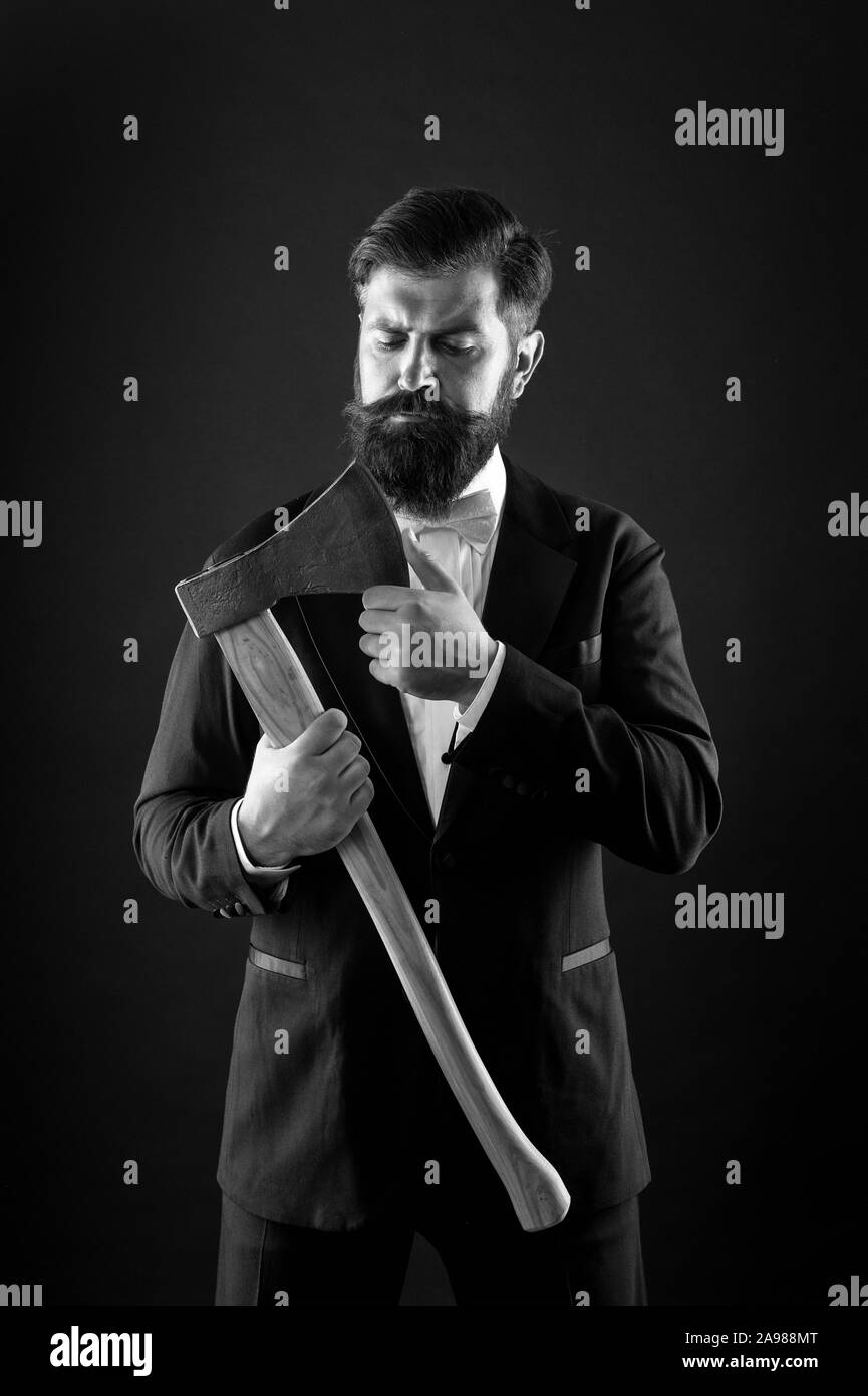Sharp ax hand confident guy. Masculinity and brutality. Barbershop ...