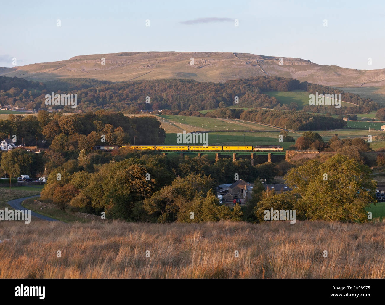 Network rail test train crossing the viaduct at Clapham (Yorkshire) on ...