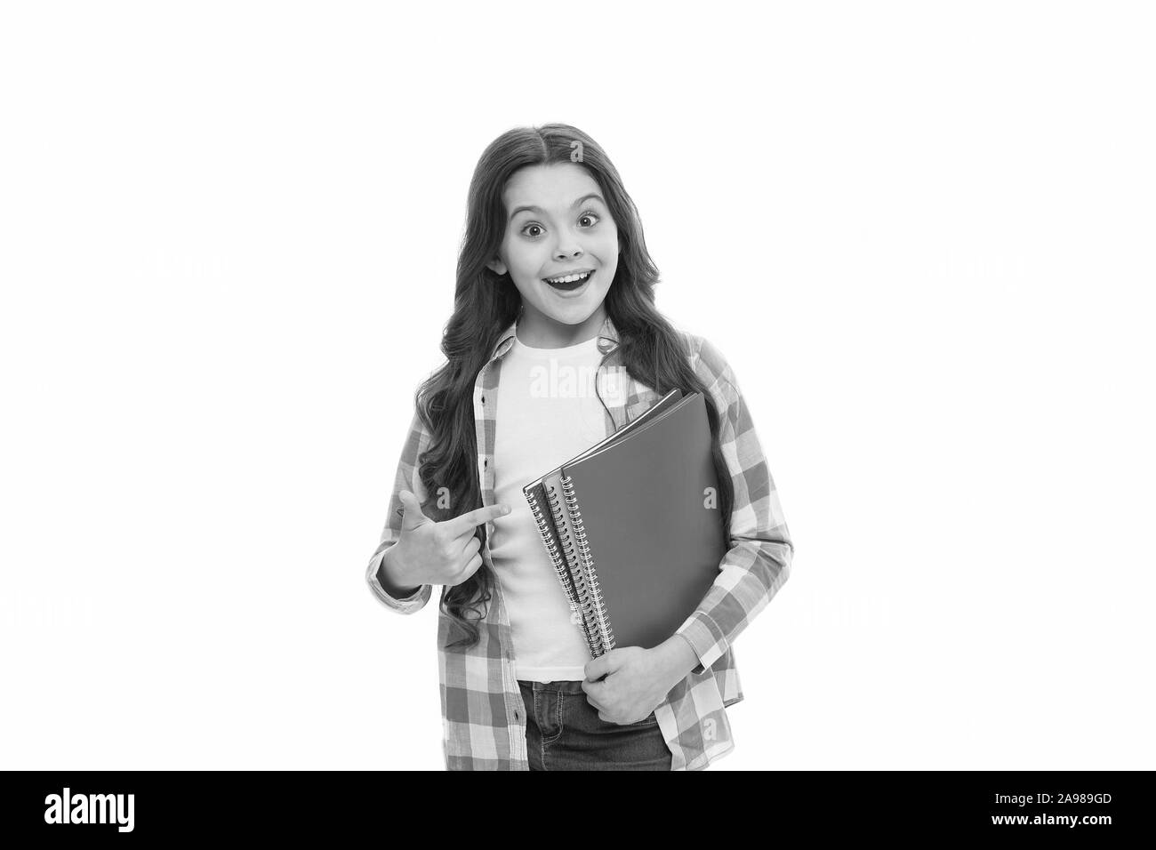 Time to study. Girl hold book white background. Book store concept ...