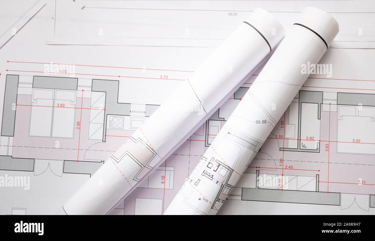 Blueprint plans, architectural design, residential building project ...