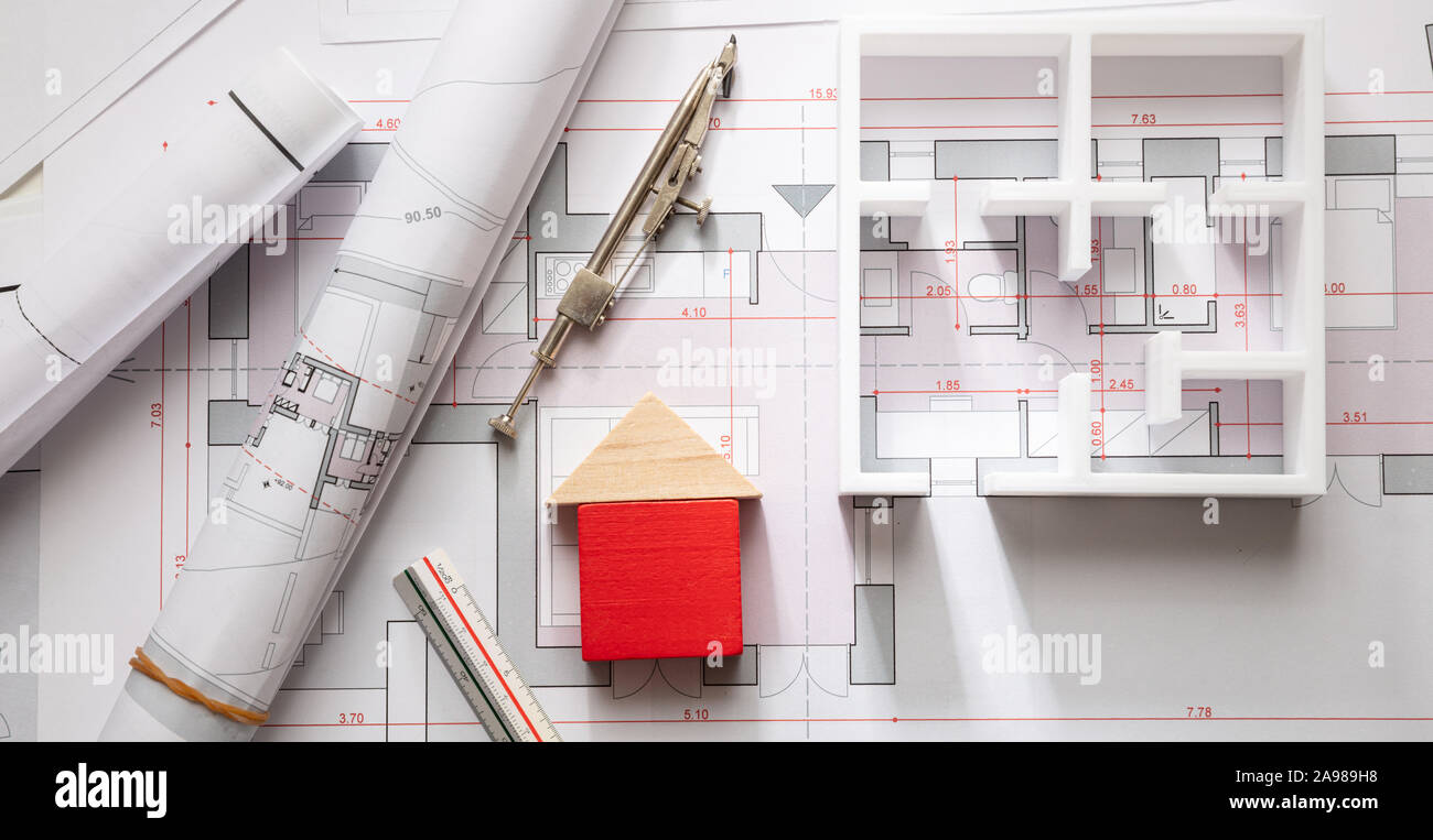 House model and blueprint plans, residential building project ...