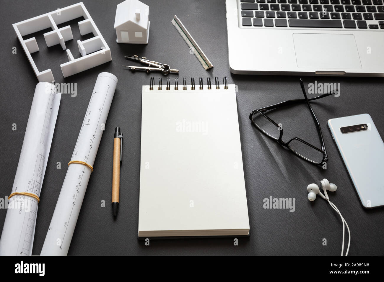 Architect engineer office desk. Residential building project in black ...