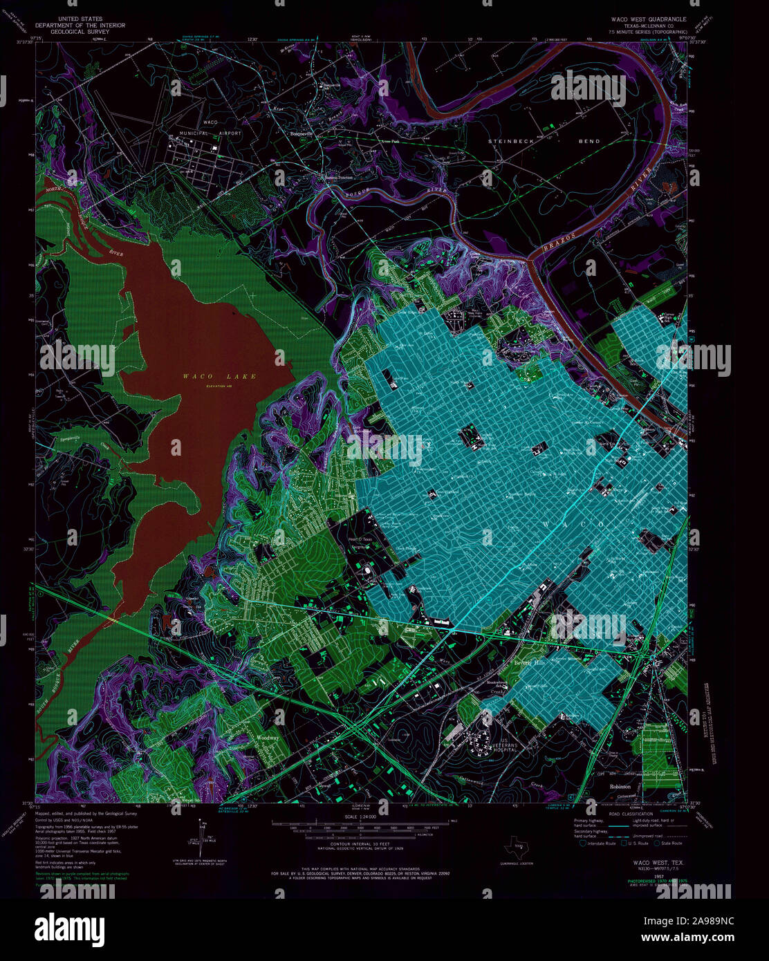 USGS TOPO Map Texas TX Waco West 116937 1957 24000 Inverted Stock Photo ...