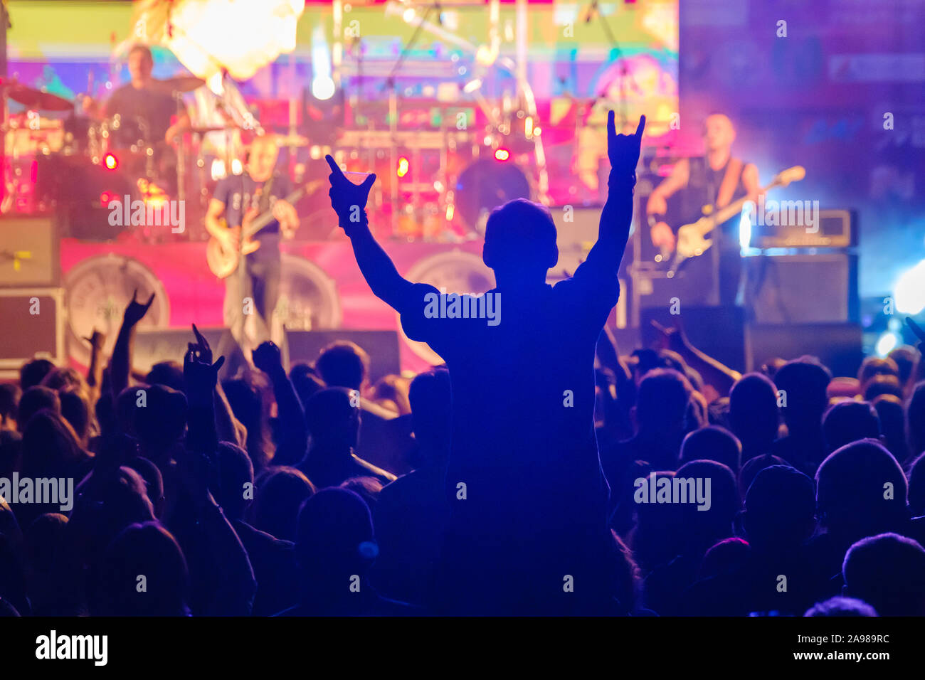 Fans at live rock music concert cheering musicians on stage, back view ...