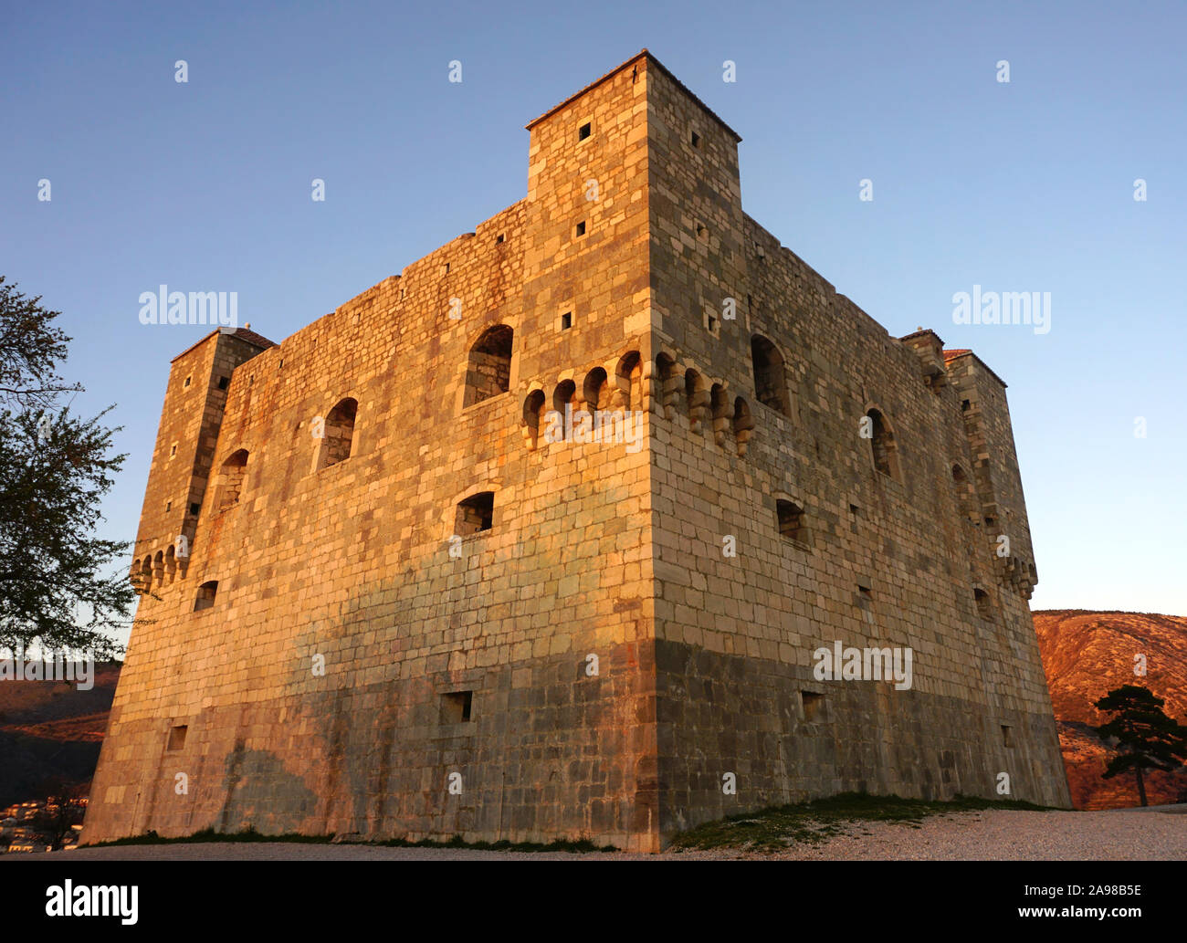 Up view of the medieval stone castle tower of the Croatian town of Senj ...