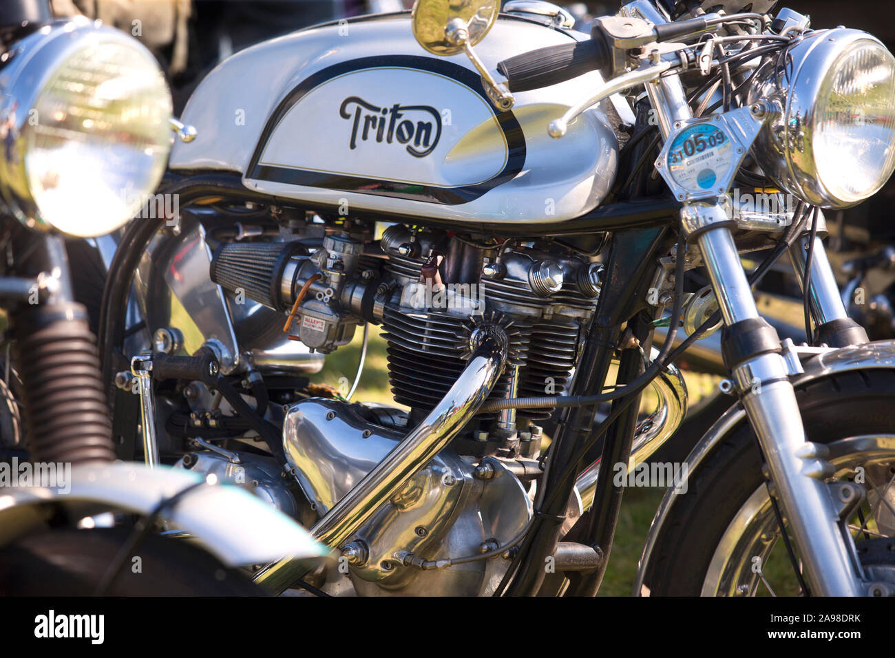 Cornwall, England. Classic Triton motorcycle at a classic bike show ...
