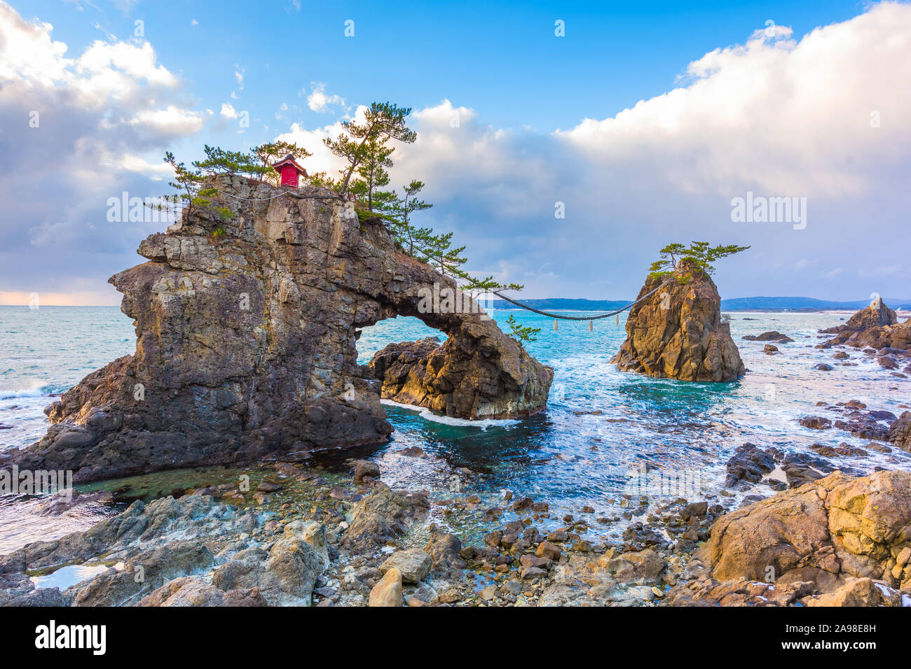 Noto Peninsula, Ishikawa, Japan at the Hatago Iwa Rock during sunset ...