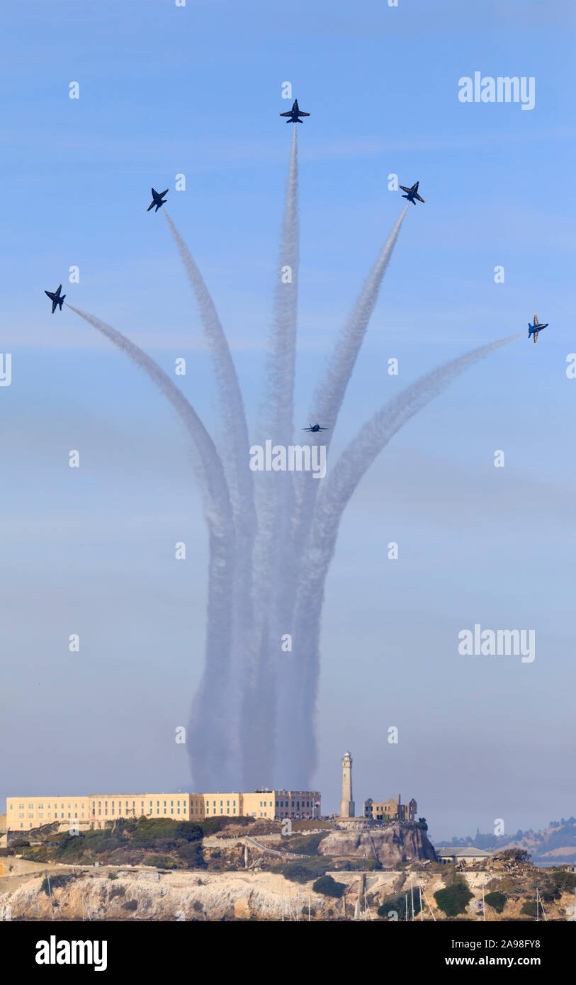 The Blue Angels aerobatic team perform over Alcatraz Island, San ...