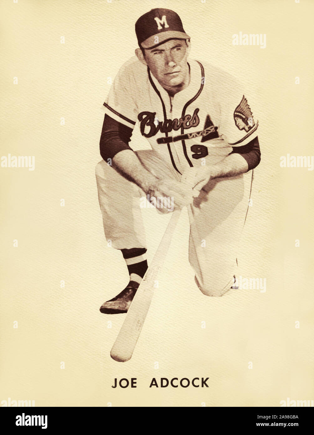 Vintage sepia souvenir photo of baseball player Joe Adcock with the ...