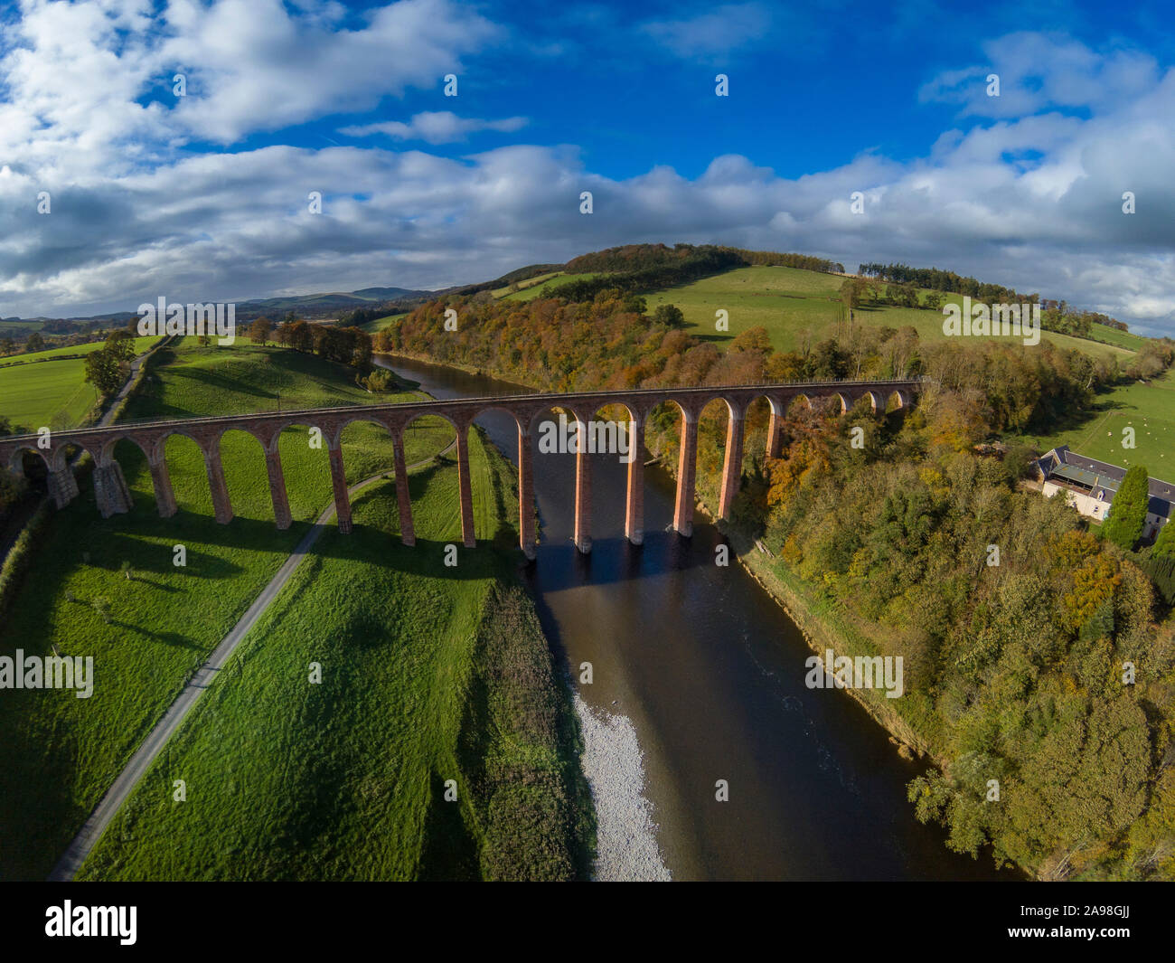 Aerial view of Leaderfoot Viaduct crossing the River Tweed Stock Photo ...