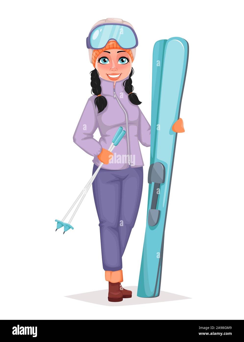 Female skier. Beautiful woman with skis. Cheerful cartoon character ...