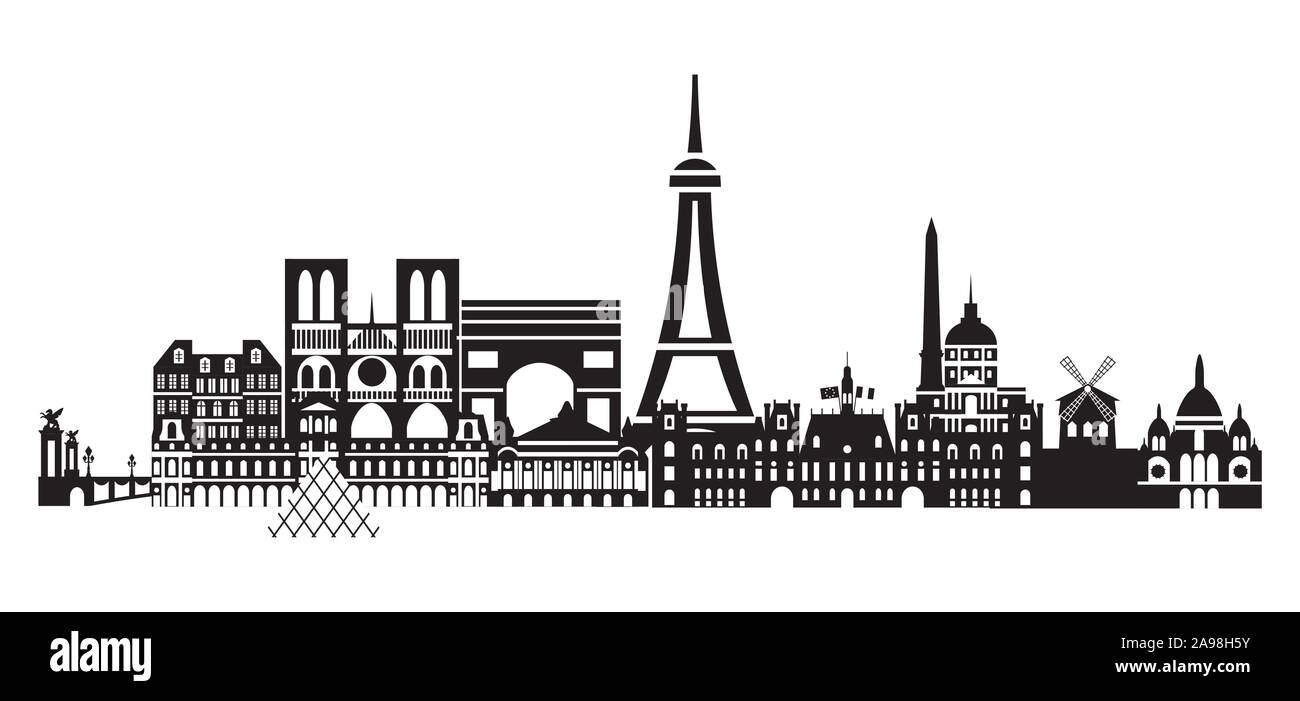 Panoramic Paris City Skyline vector Illustration in black and white ...
