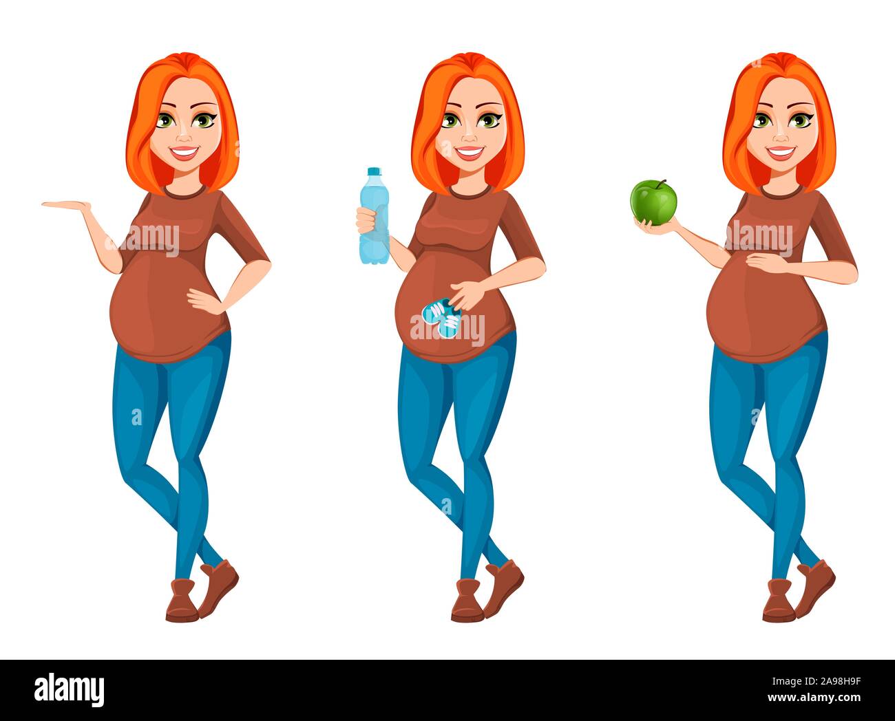 Beautiful pregnant woman, set of three poses. Cheerful pregnant lady ...
