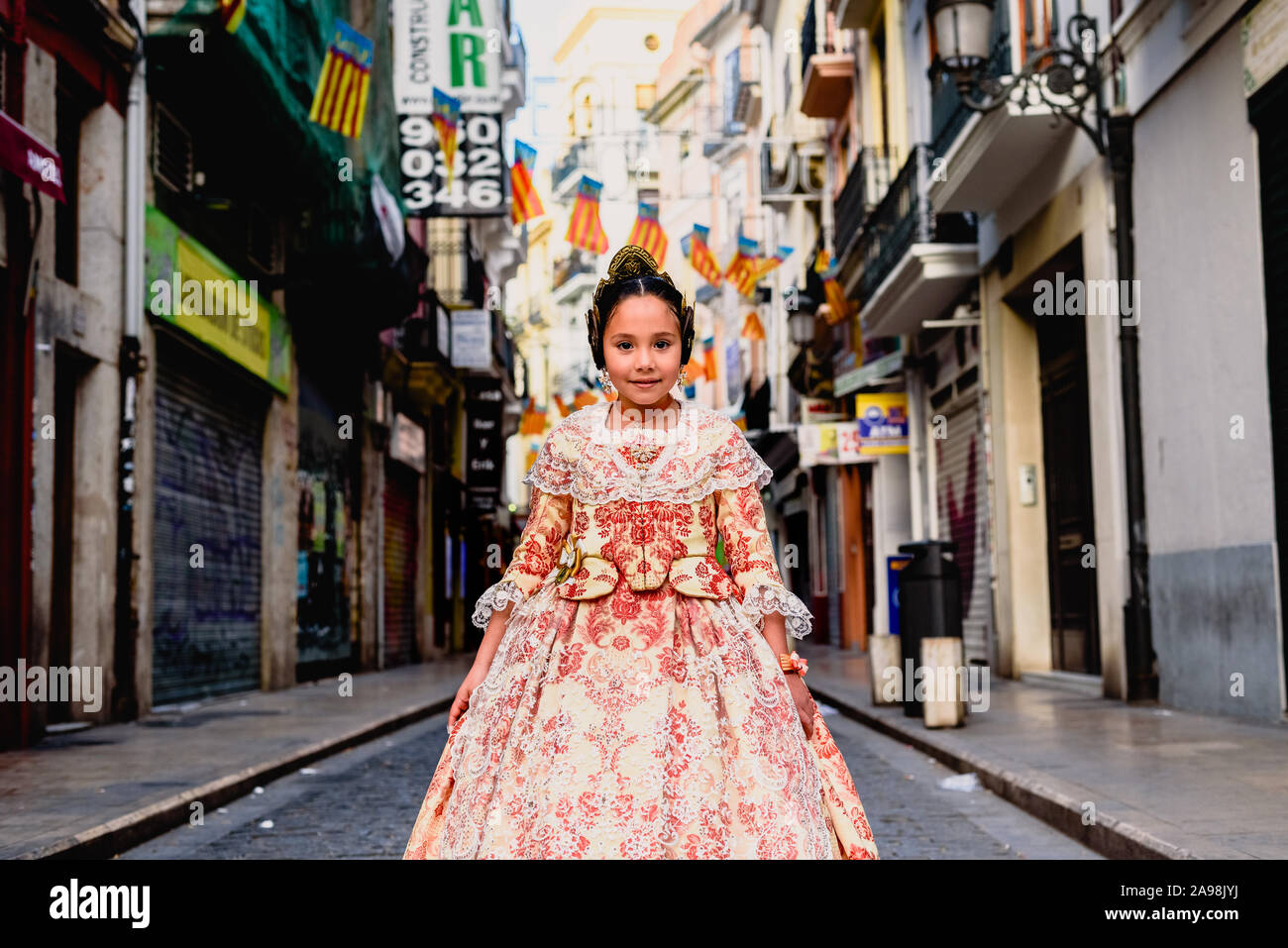 Beautiful girl fallera wearing the traditional Valencian costume of ...
