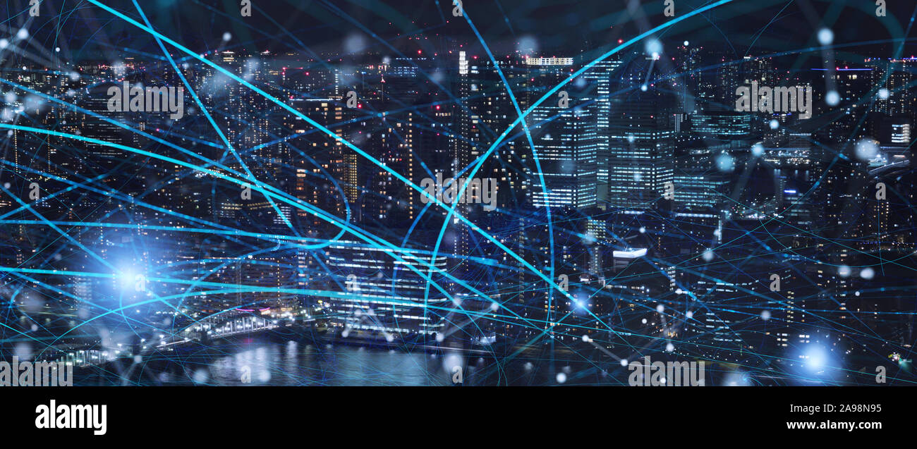 Fast connection in the city at night. Concept of social network and ...