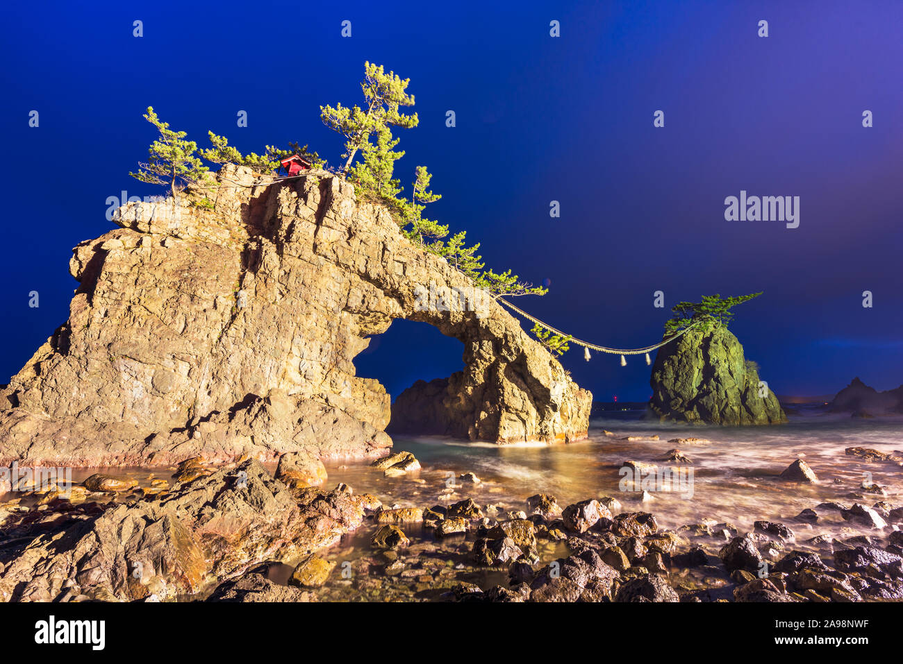 Noto Peninsula, Ishikawa, Japan at the Hatago Iwa Rock at night Stock ...