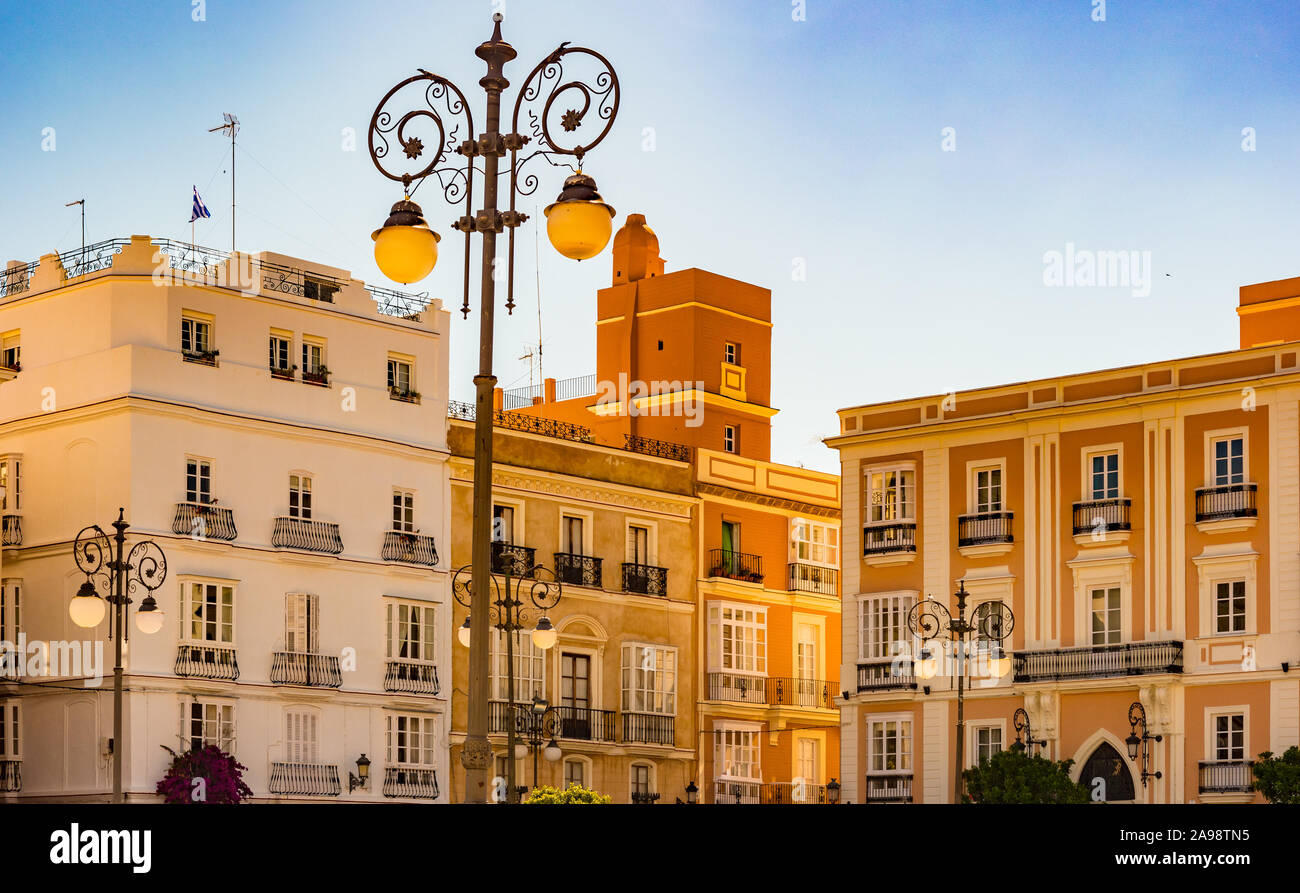 View of a street in spanish city of Cadiz, beautiful historical ...