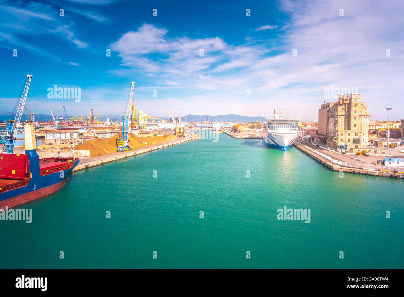 Sovereign luxury cruise ship moored in the port. Port of Livorno is one ...