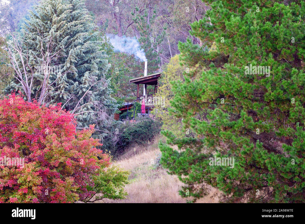 Smoke rising from a house chimney on a cold frosty morning when warmth ...