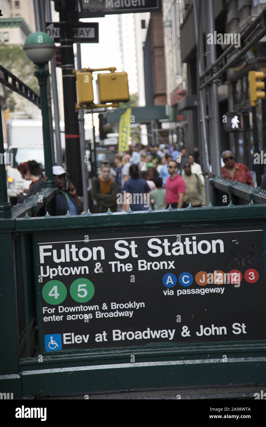 Street entrance to the Fulton Street subway station on Broadway in ...