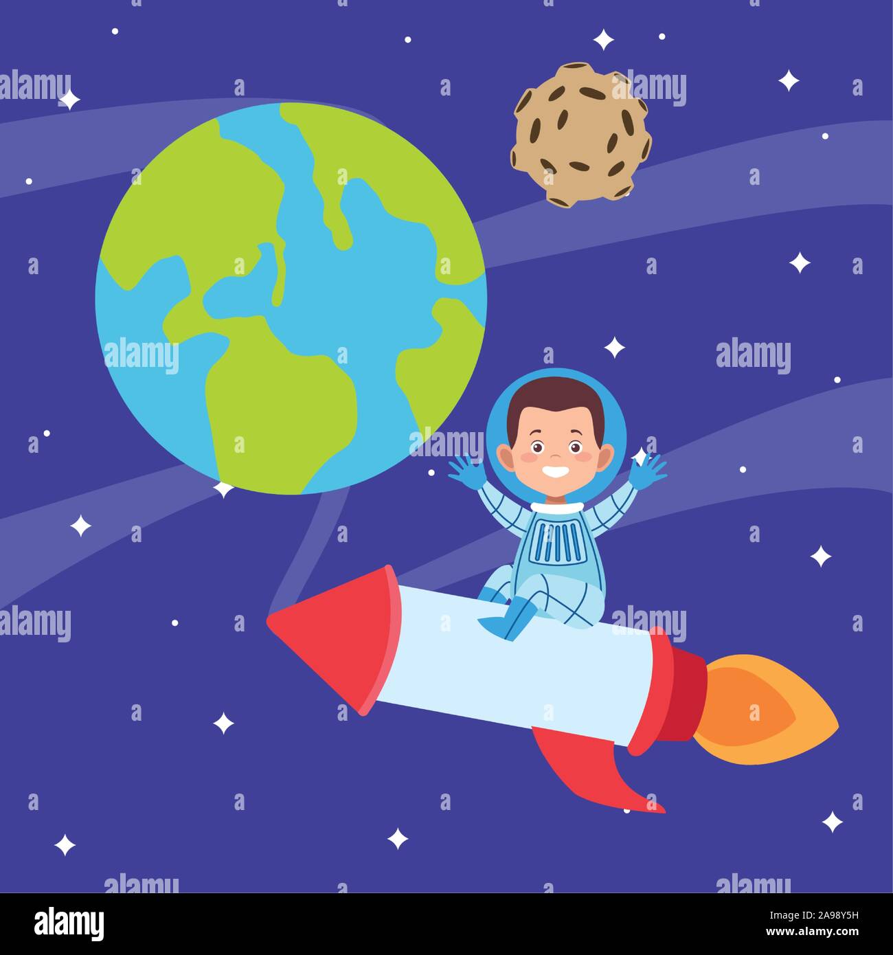 cartoon astronaut boy in a space rocket around the planets Stock Vector ...