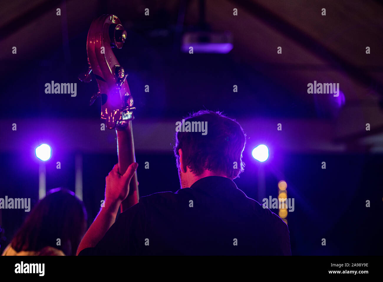 Backside view of adult male giving a live performance on stage by ...