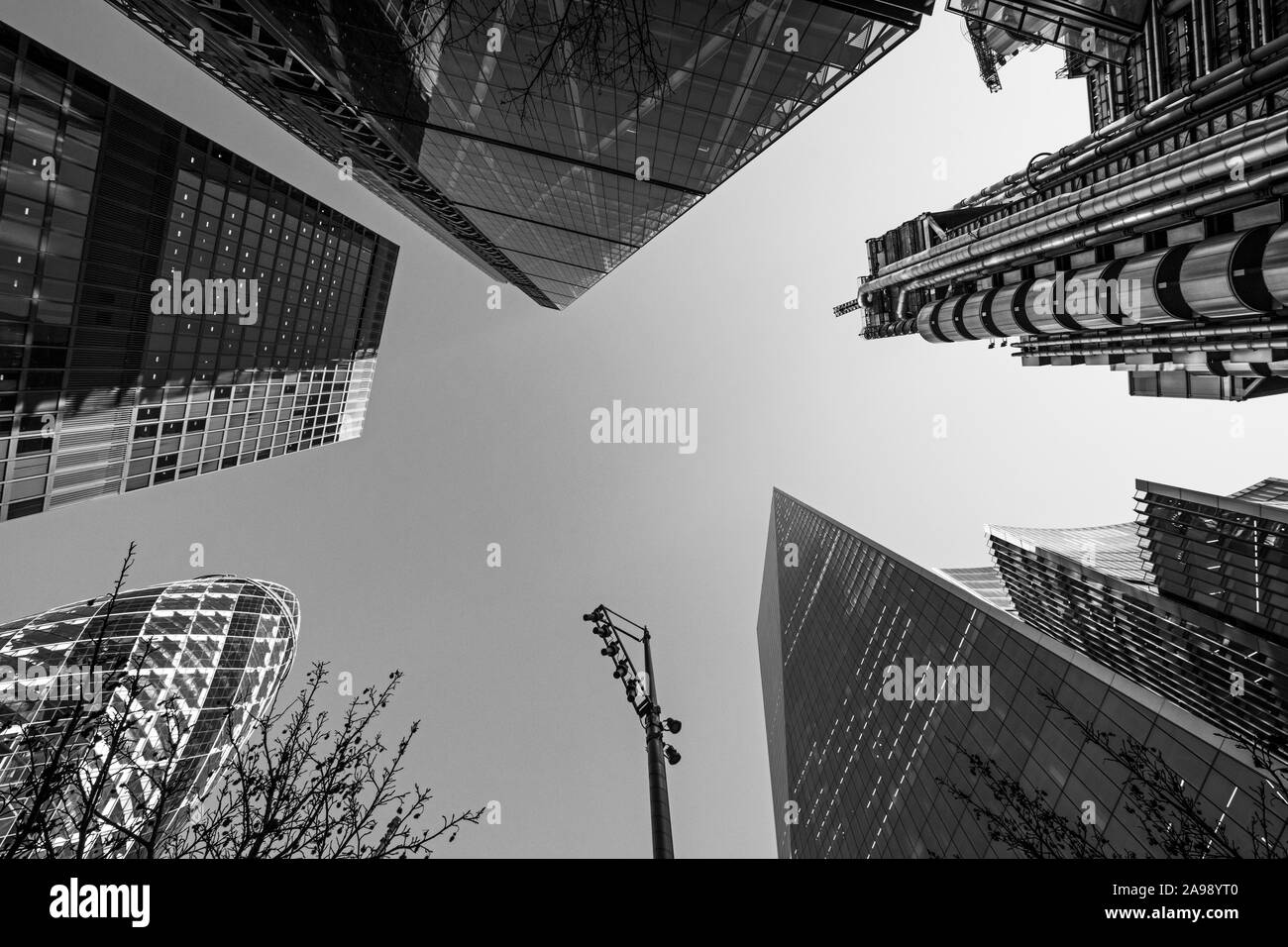 London, UK - February 15th 2019: Looking up at the impressive modern ...
