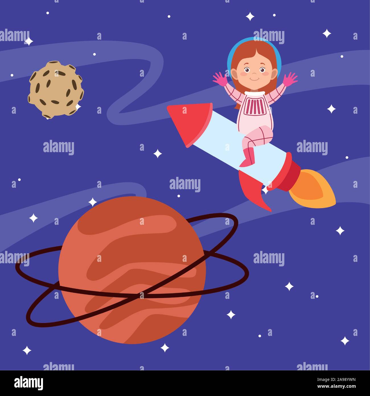 cartoon happy astronaut girl in a rocket at space with planets Stock ...