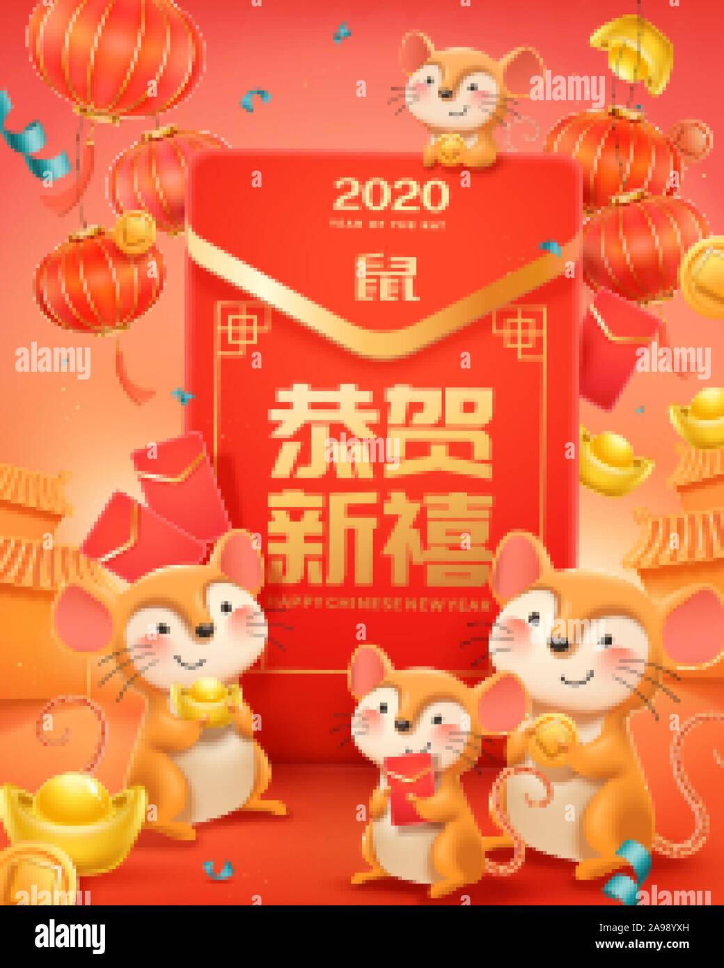 Cute mice holding golden coins with giant red envelope and gold ingot ...