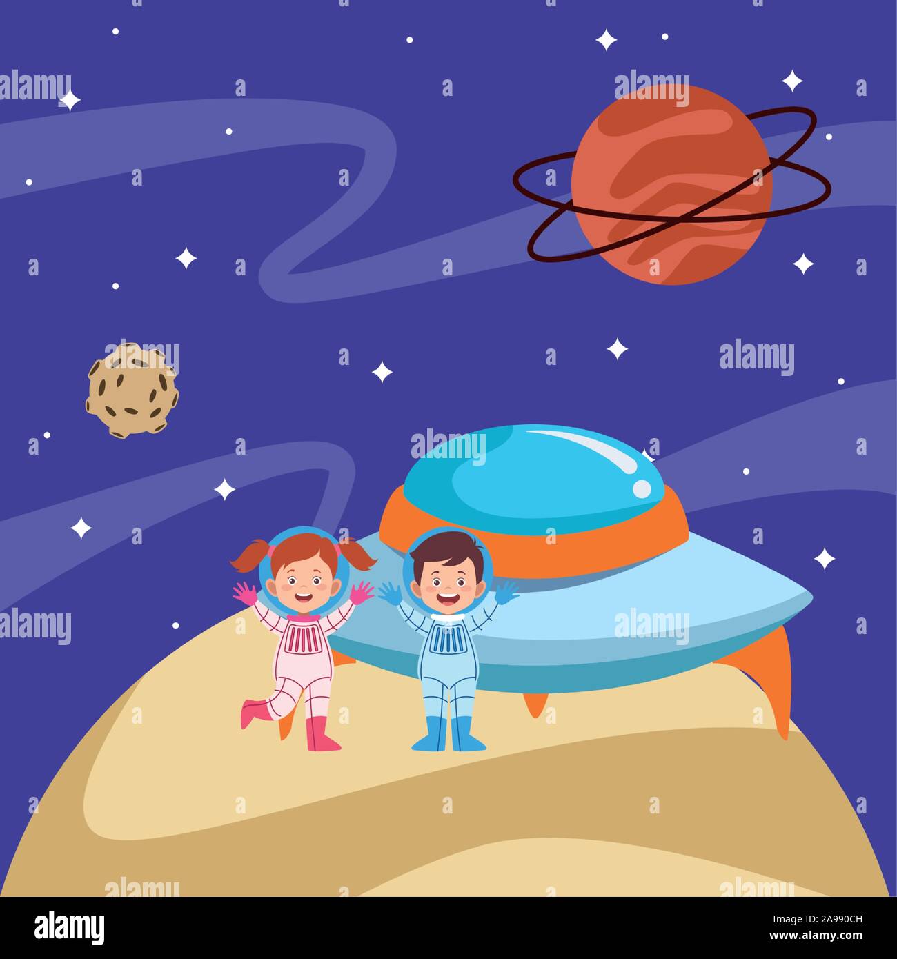 cartoon astronauts kids and flying saucer in the space with planets ...