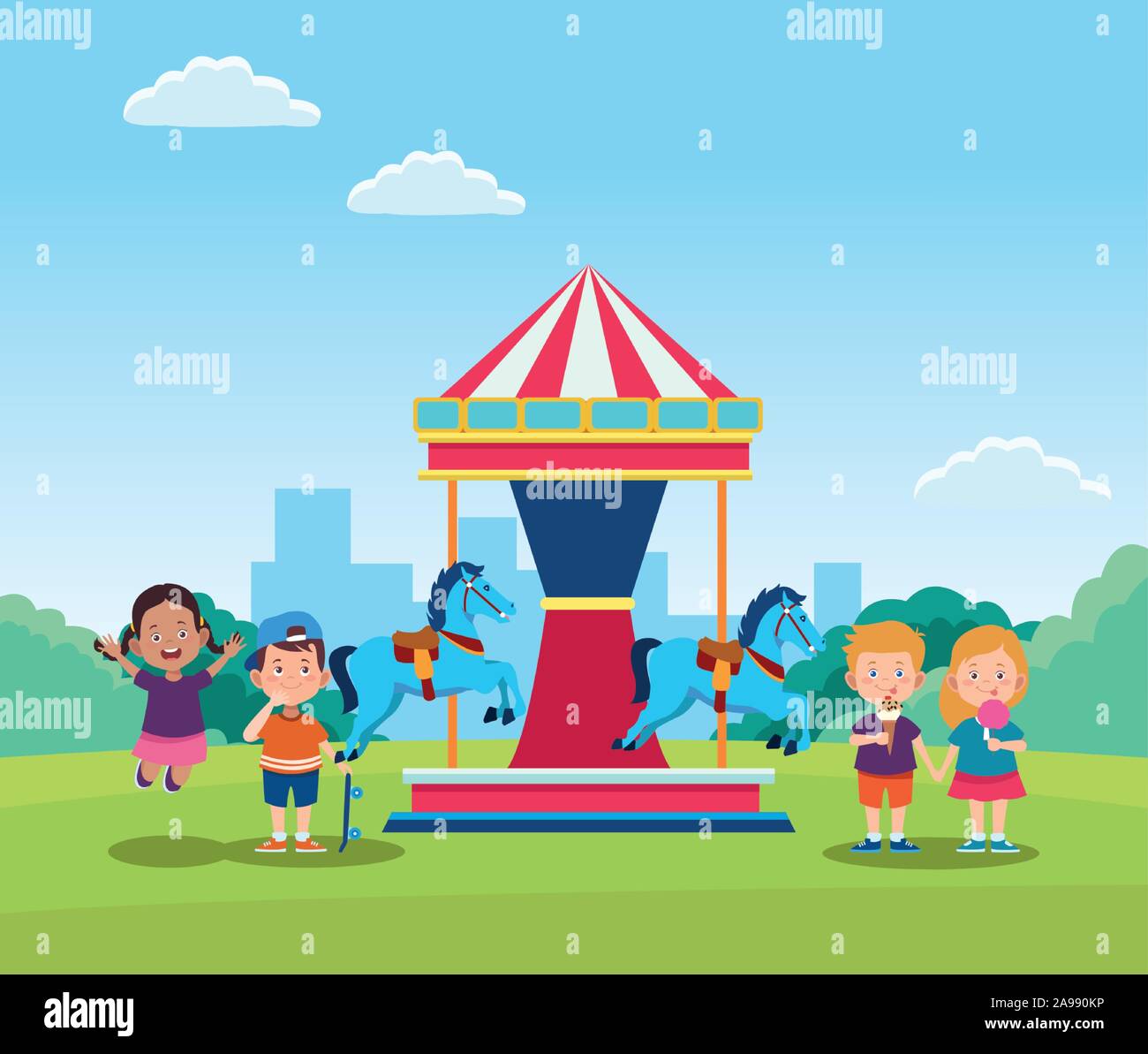 happy children day design with horse carousel with cartoon happy kids ...