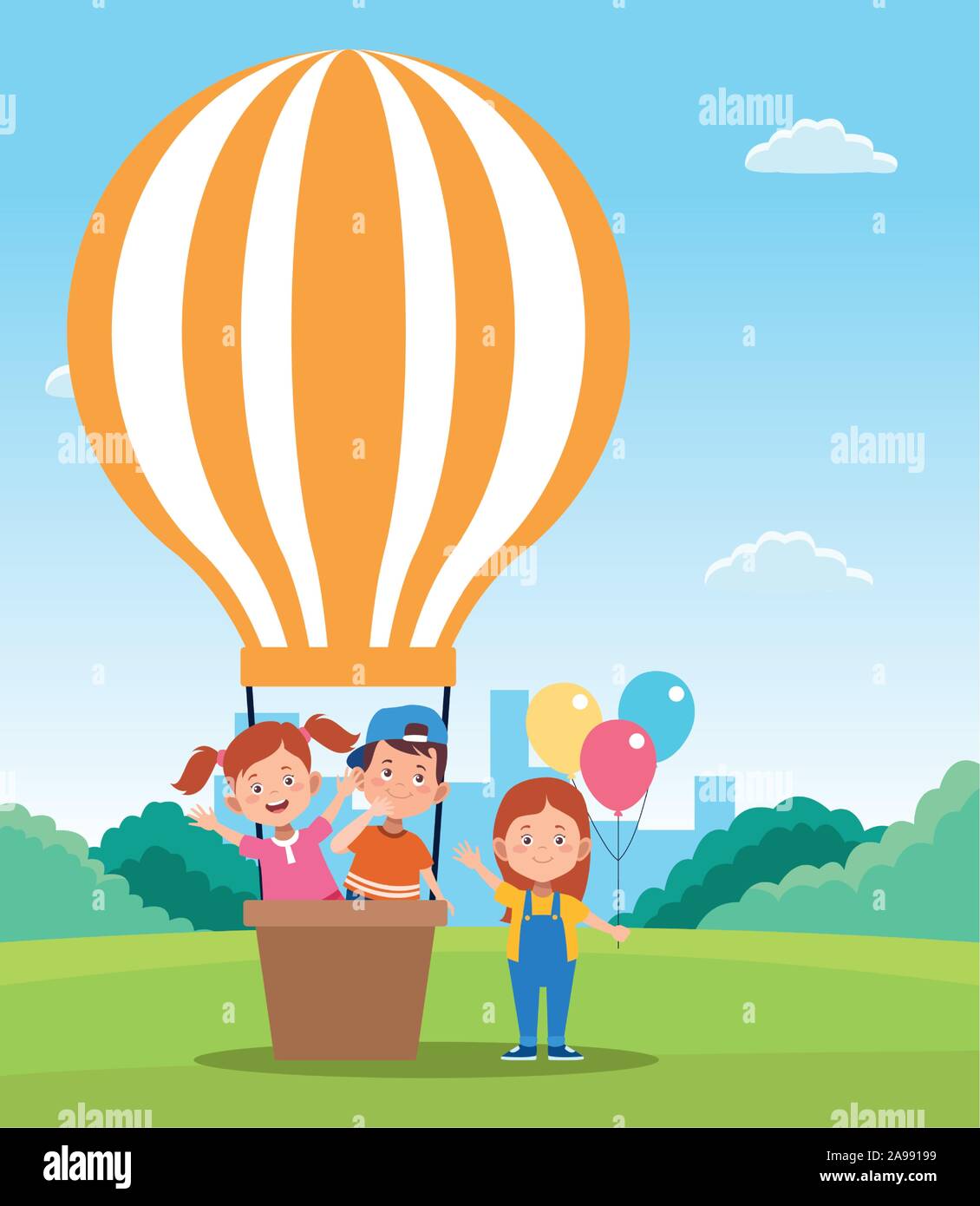 happy children day design with hot air balloons and cartoon happy kids ...