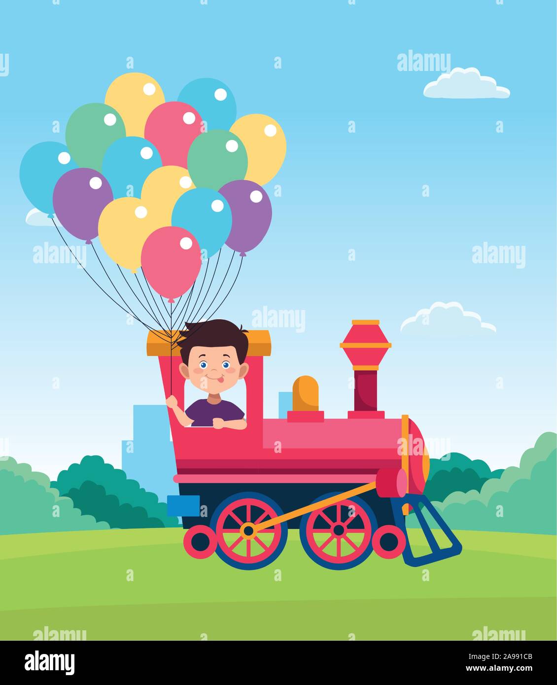 cartoon happy boy in a train with colorful balloons Stock Vector Image ...