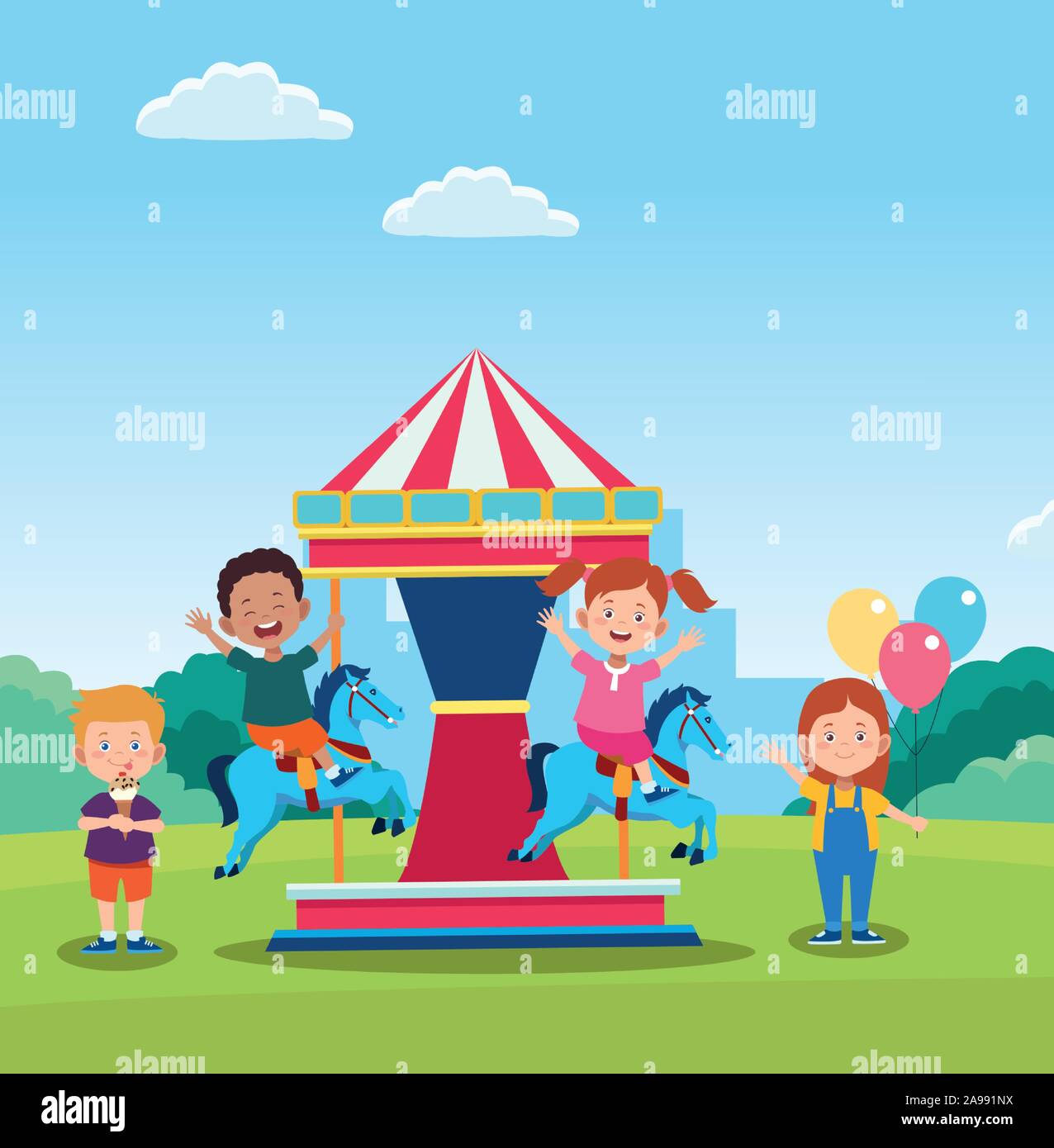 happy children day design with horse carousel with cartoon happy kids ...