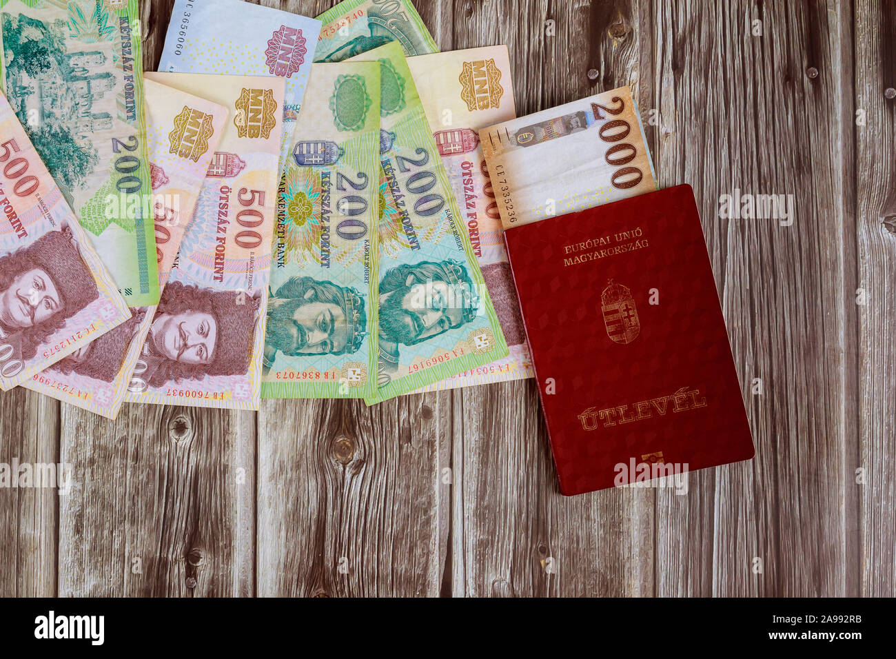 The Hungarian passports and forint paper money banknotes on wood ...