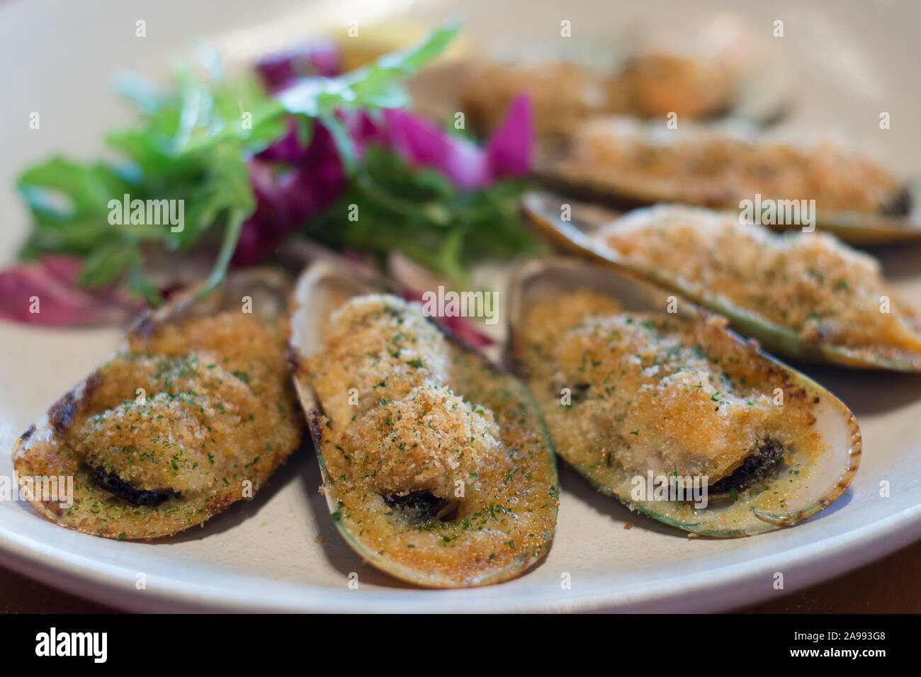 baked green lip mussels with white miso butter, brioche crumbs chives ...